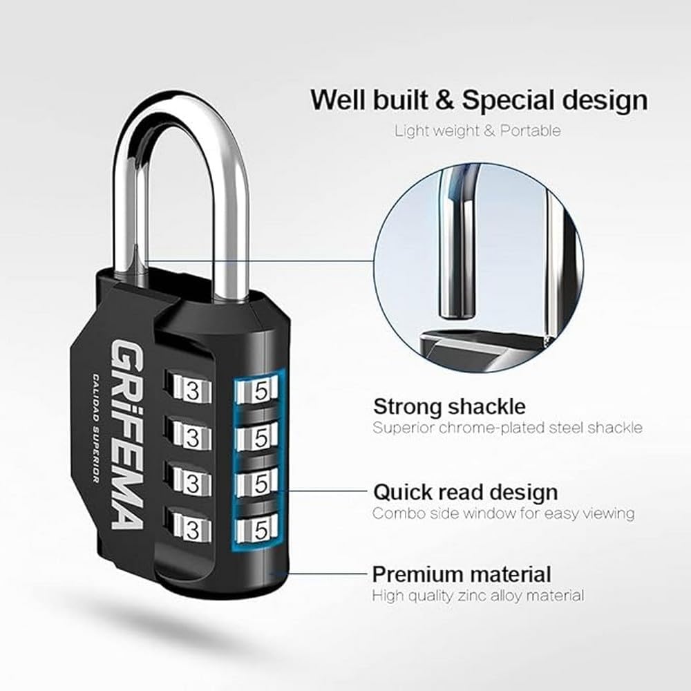GRIFEMA GA1001 Combination Padlock, 4 Digit Coded Zinc Alloy Heavy Dut ...
