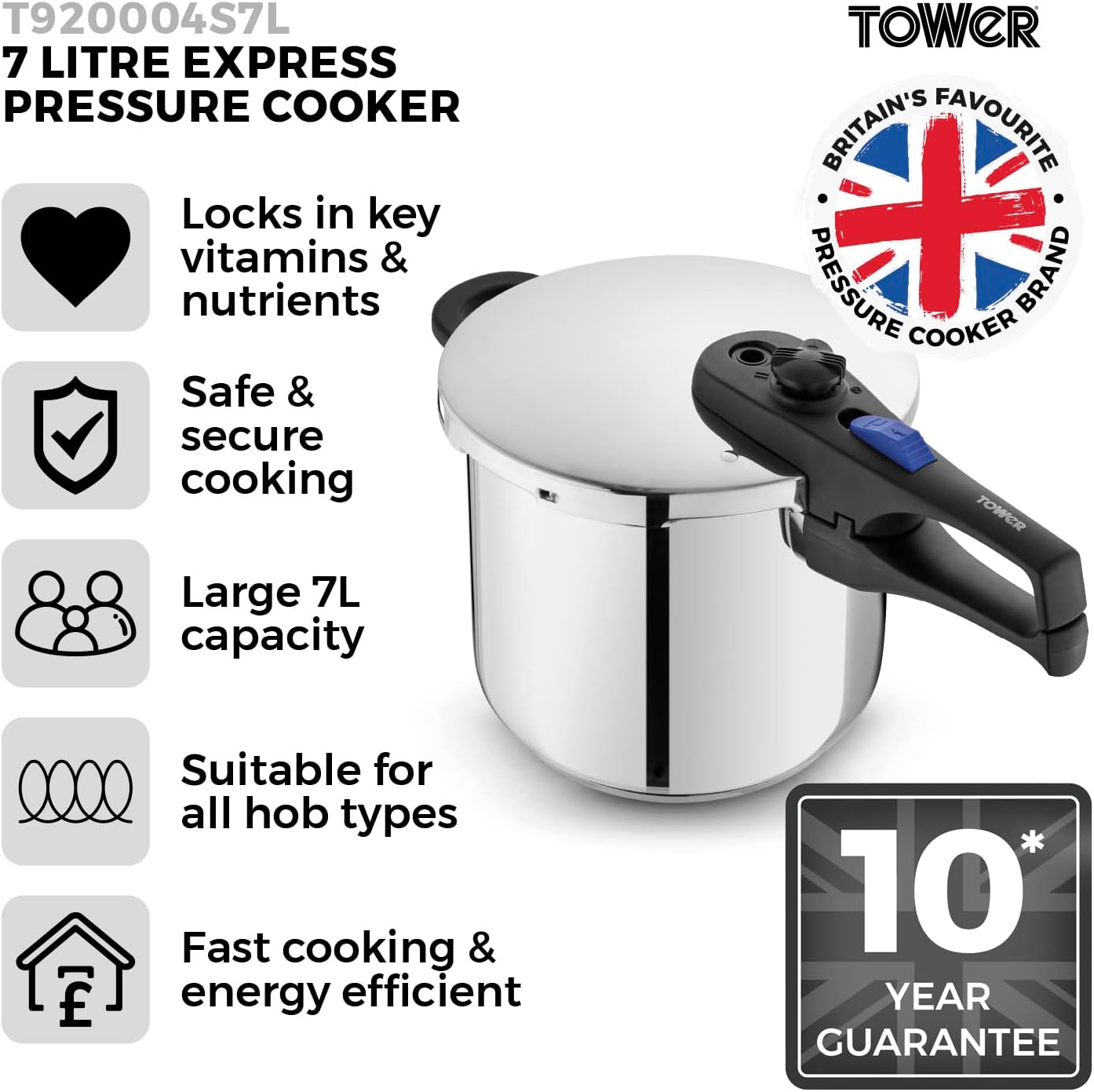 Tower T80244 Pressure Cooker with Steamer Basket, Stainless Steel, 6 L ...